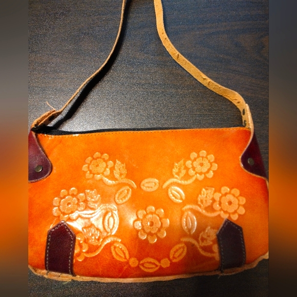 Source Unknown | Bags | Leather Shoulder Bag With Flower Pattern Inlays ...
